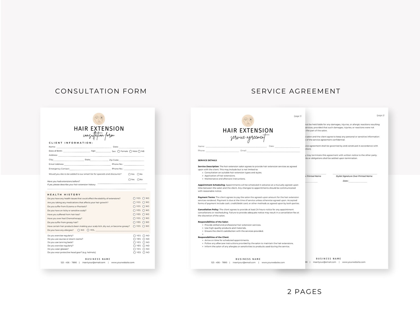 Hair Extension Forms, Hair Consultation, Hair Agreement, Hair ...