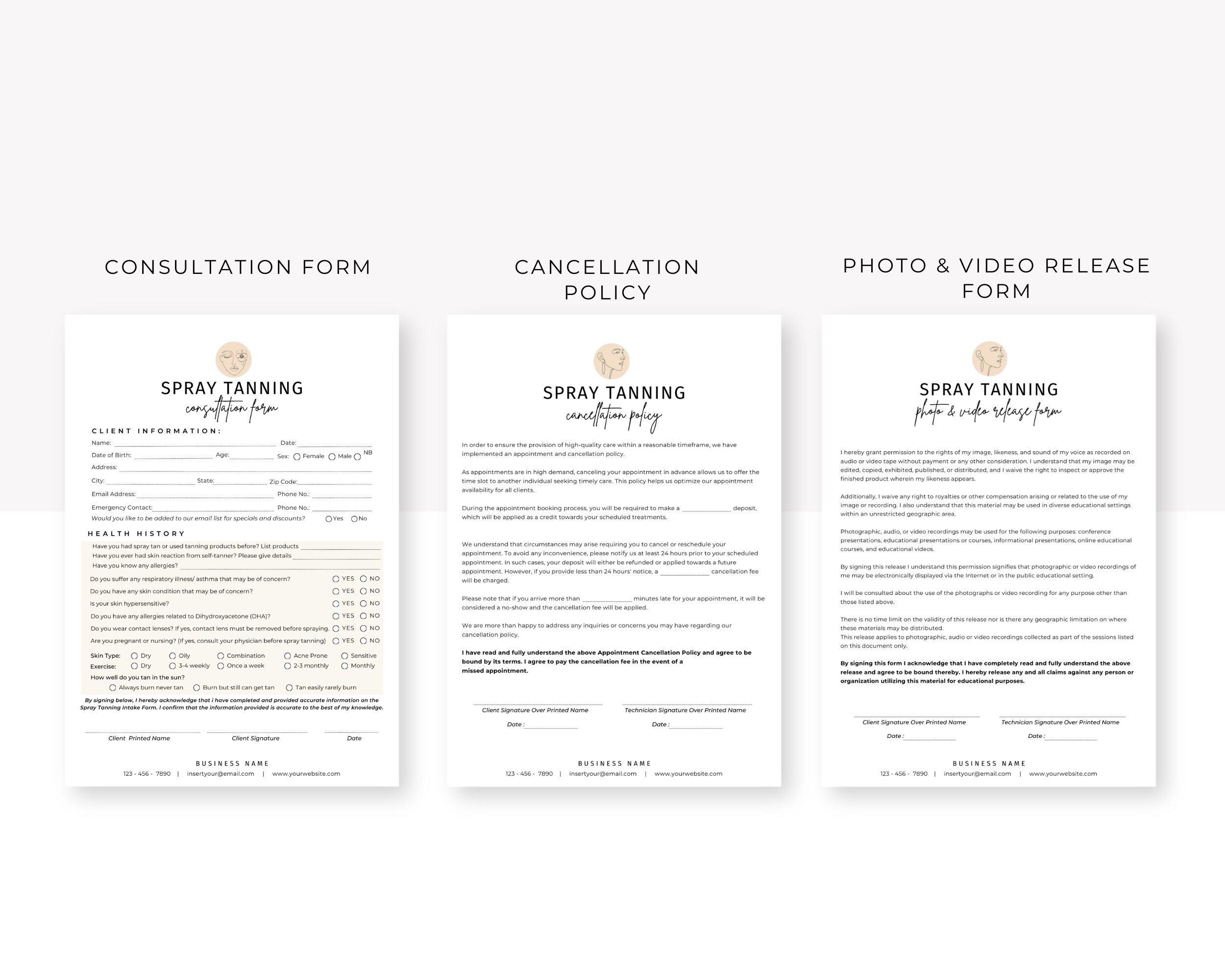 Spray Tan Consent Form, Tanning Consent, Tanning Salon Forms, Editable ...