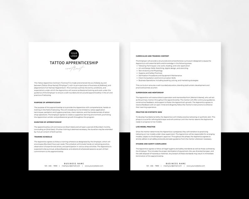 Tattoo Apprentice Contract Template, Tattoo Apprentice Contract, Tattoo ...