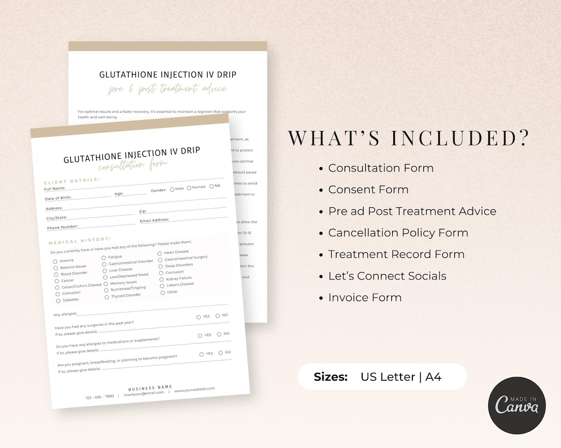 Glutathione Injection IV Drip Intake Form Template, Glutathione ...