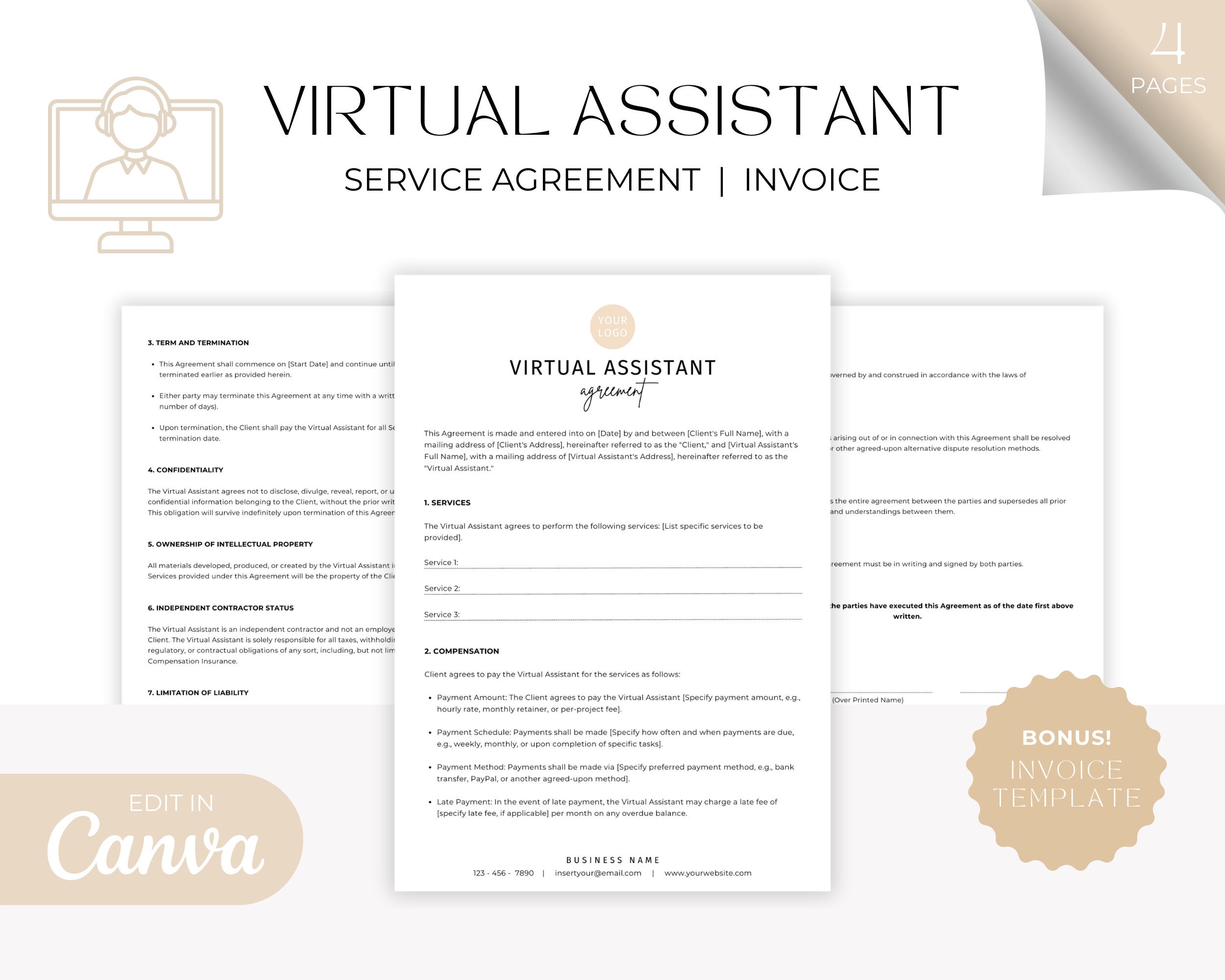 Editable Virtual Assistant Contract, Virtual Assistant Services ...