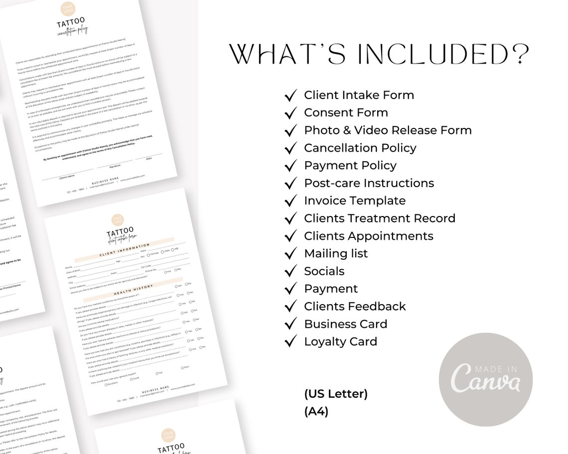 Tattoo Studio Client Forms Bundle, Tattoo Artist Intake Template ...