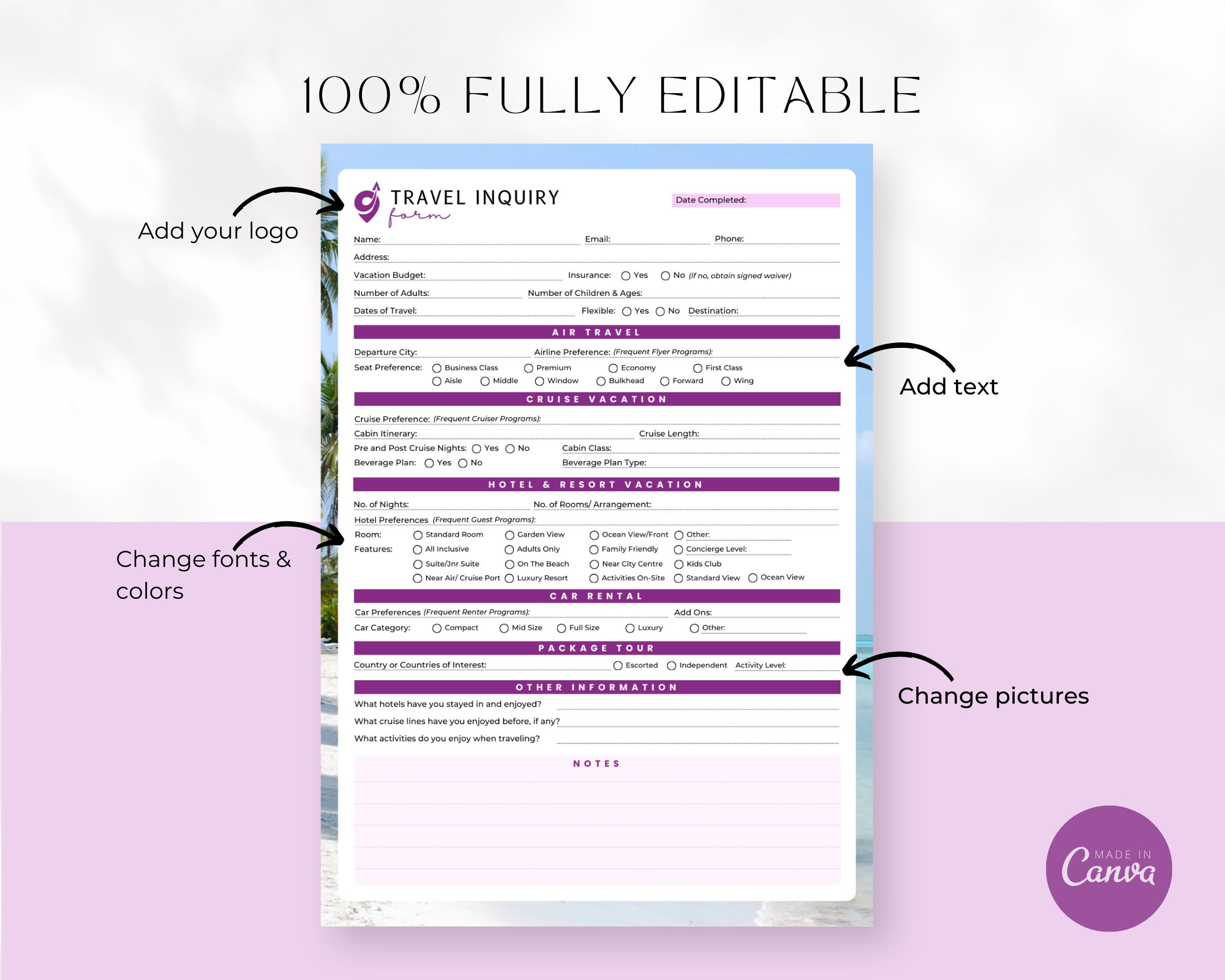 Purple-travel Agent Forms Bundle, Travel Business Forms, Travel Inquiry ...