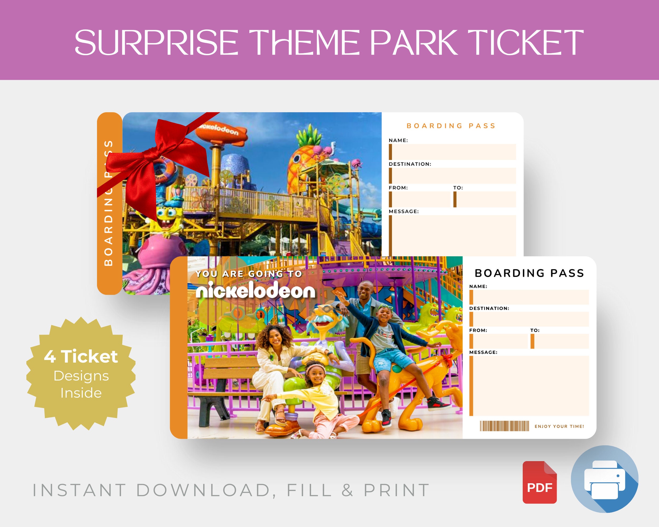 Printable Nickelodeon Surprise Trip Ticket, Nickelodeon Theme Park Gift ...