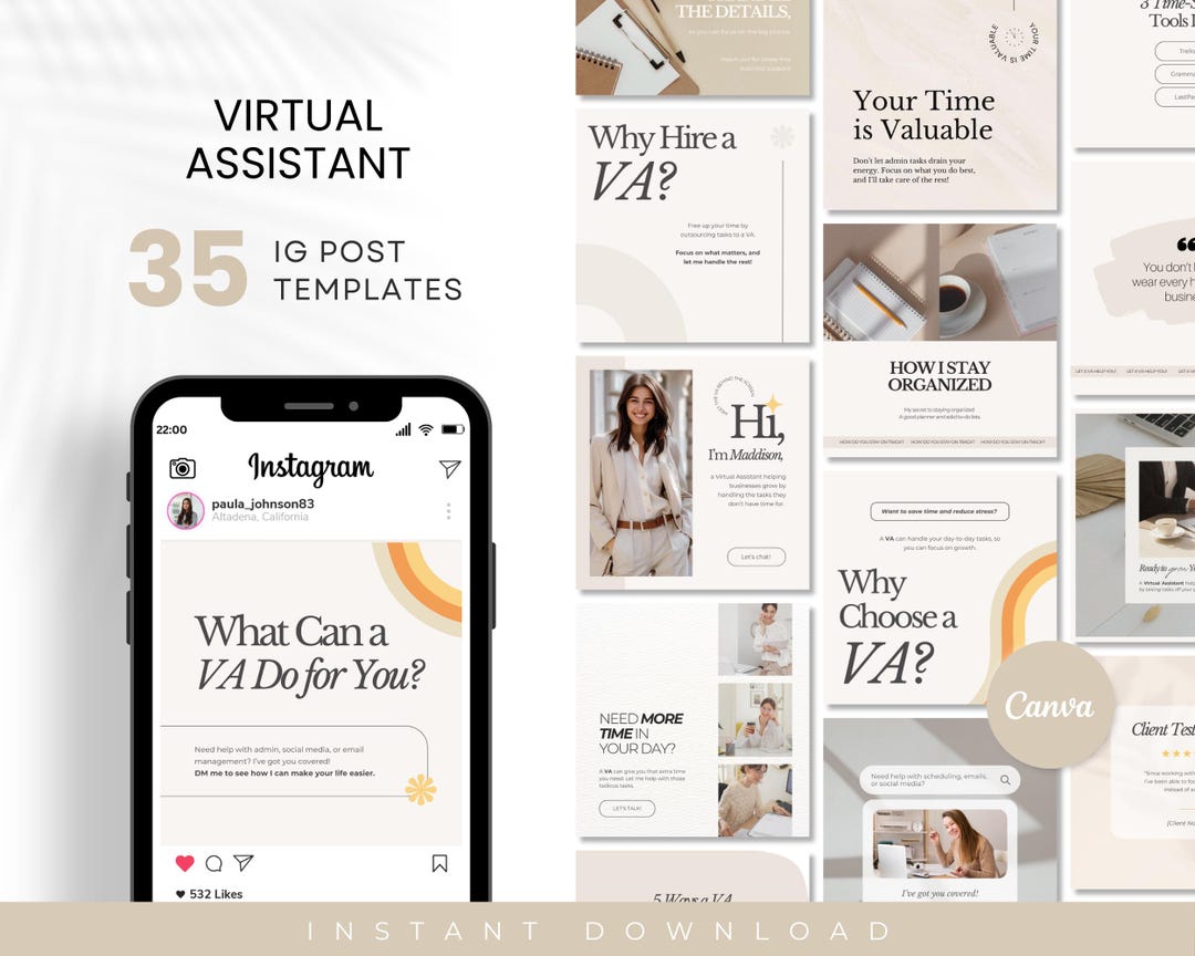 35 Virtual Assistant Instagram Templates, Editable Canva Social Media ...