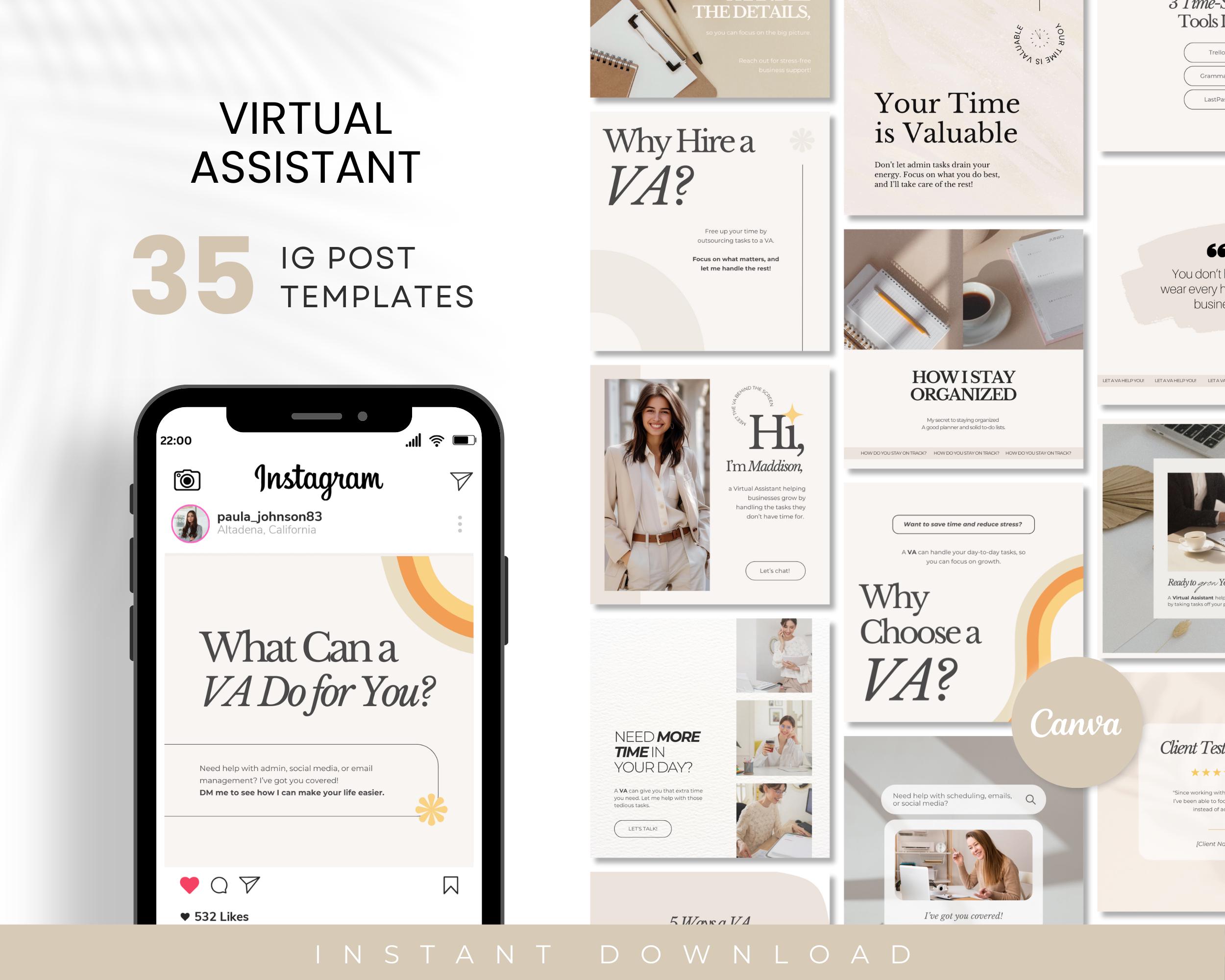 35 Virtual Assistant Instagram Templates, Editable Canva Social Media ...