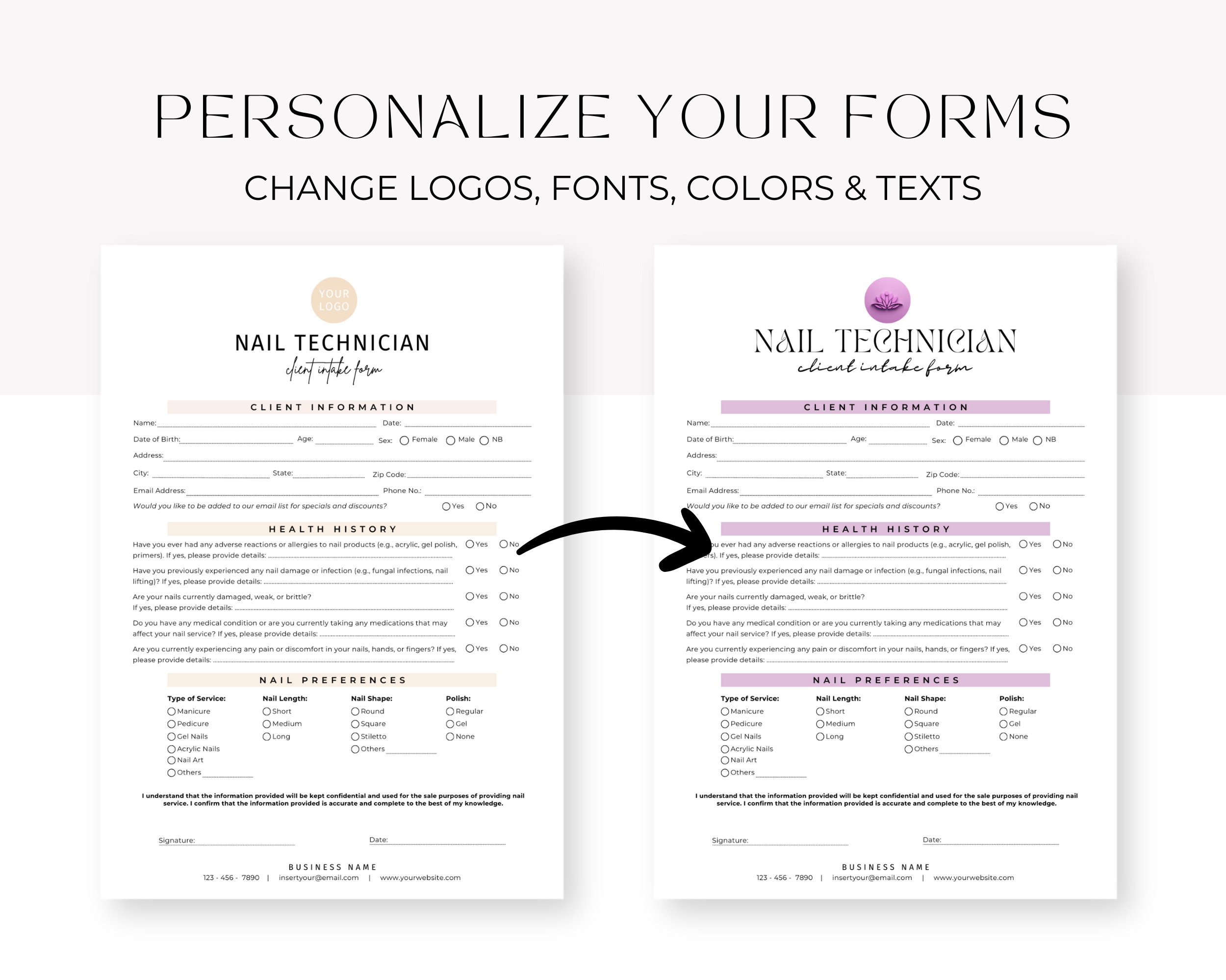 Editable Nail Technician Forms Bundle, Nail Tech Consultation Forms ...