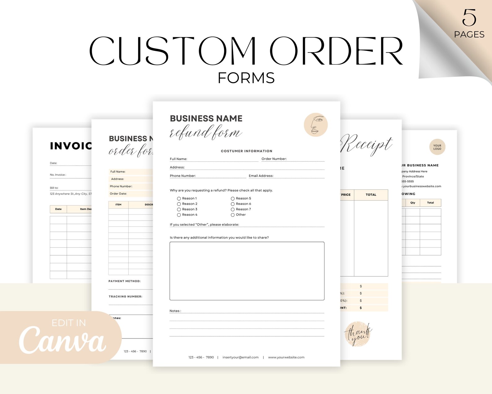Custom Order Form Template, Editable Refund Forms, Purchase Order Template, Printable Craft ...