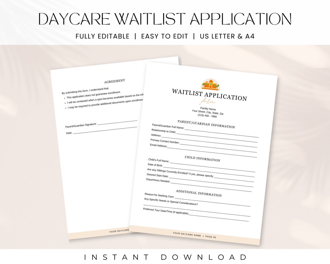 Daycare Waitlist Application Form, Childcare Waitlist Request Form, Preschool Waiting List ...