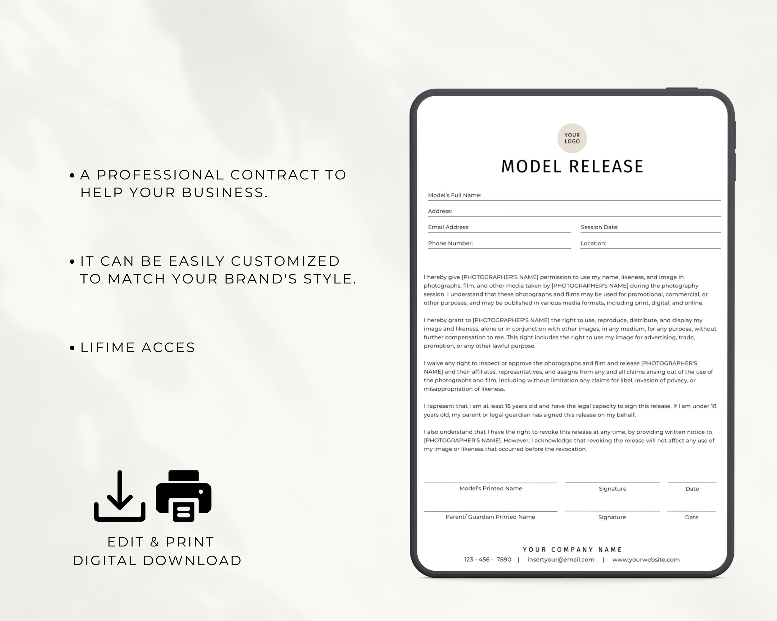 Model Release Form Template | Editable Minor Model Release Form ...