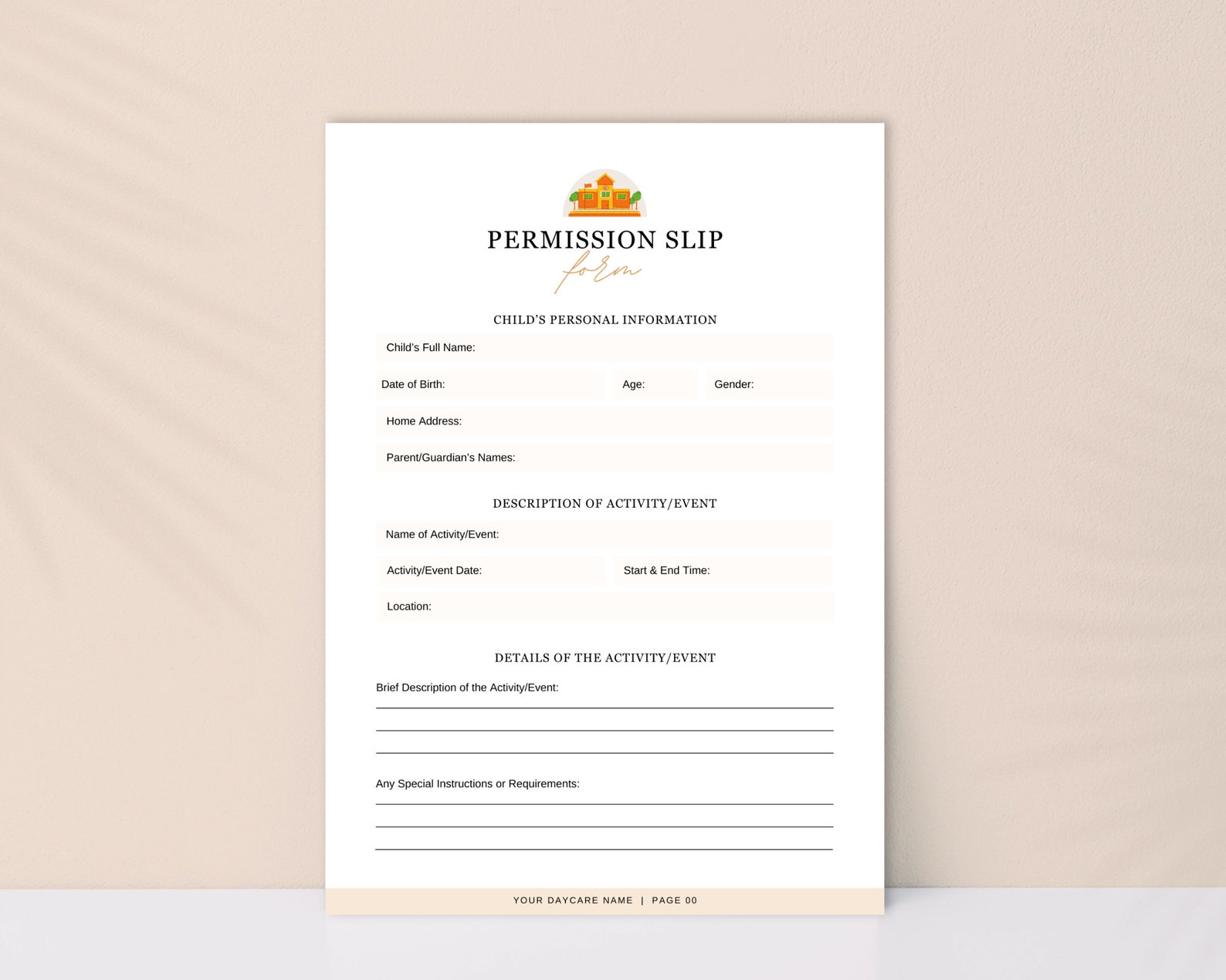 Daycare Permission Form Childcare Printable Event Permission Slip Child ...