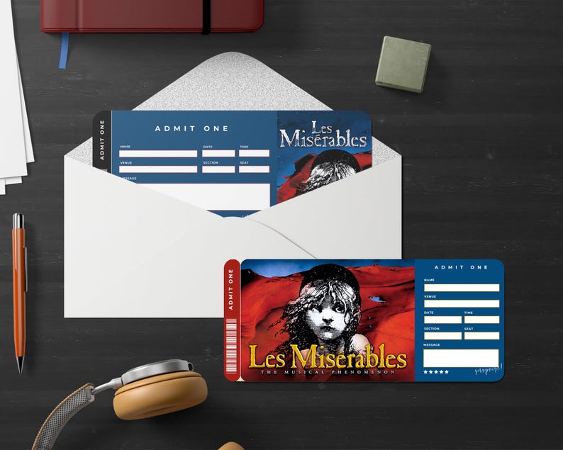 Printable Les Miserables Theatre Ticket, Personalized Event Ticket ...