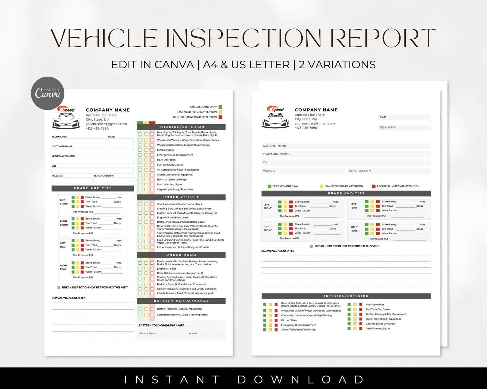 Printable Vehicle Inspection Report, CANVA Template Editable Car or ...