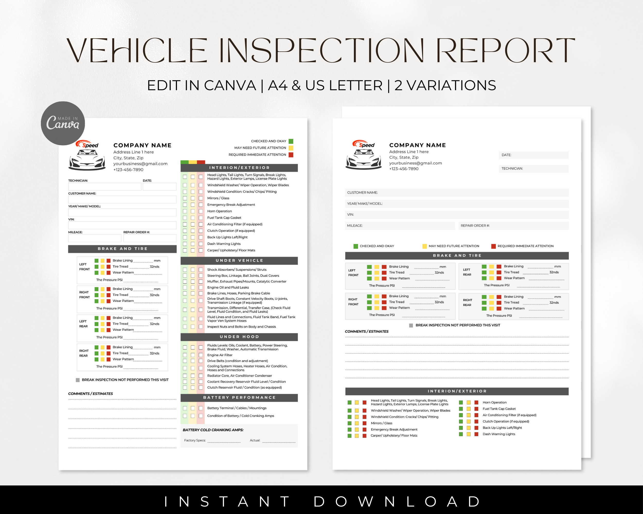 Printable Vehicle Inspection Report, CANVA Template Editable Car or ...
