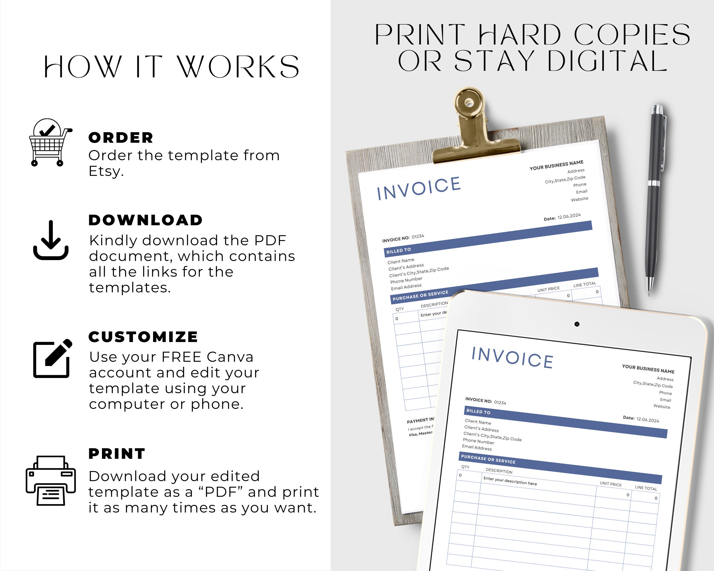 Invoice Template Editable, Small Business Custom Order Form Printable ...