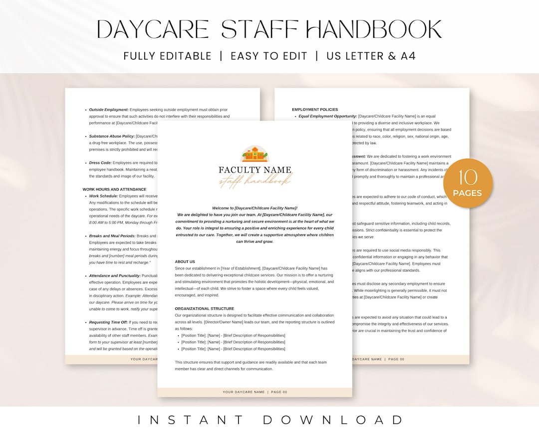 Daycare Staff Handbook, Editable Childcare Staff Handbook Template ...