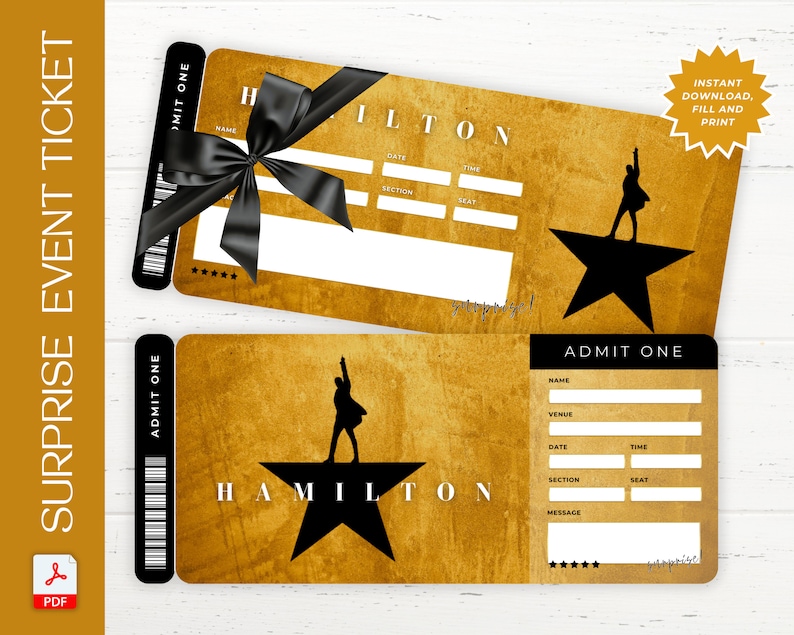 Printable Hamilton Broadway Surprise Ticket, Hamilton the Musical ...