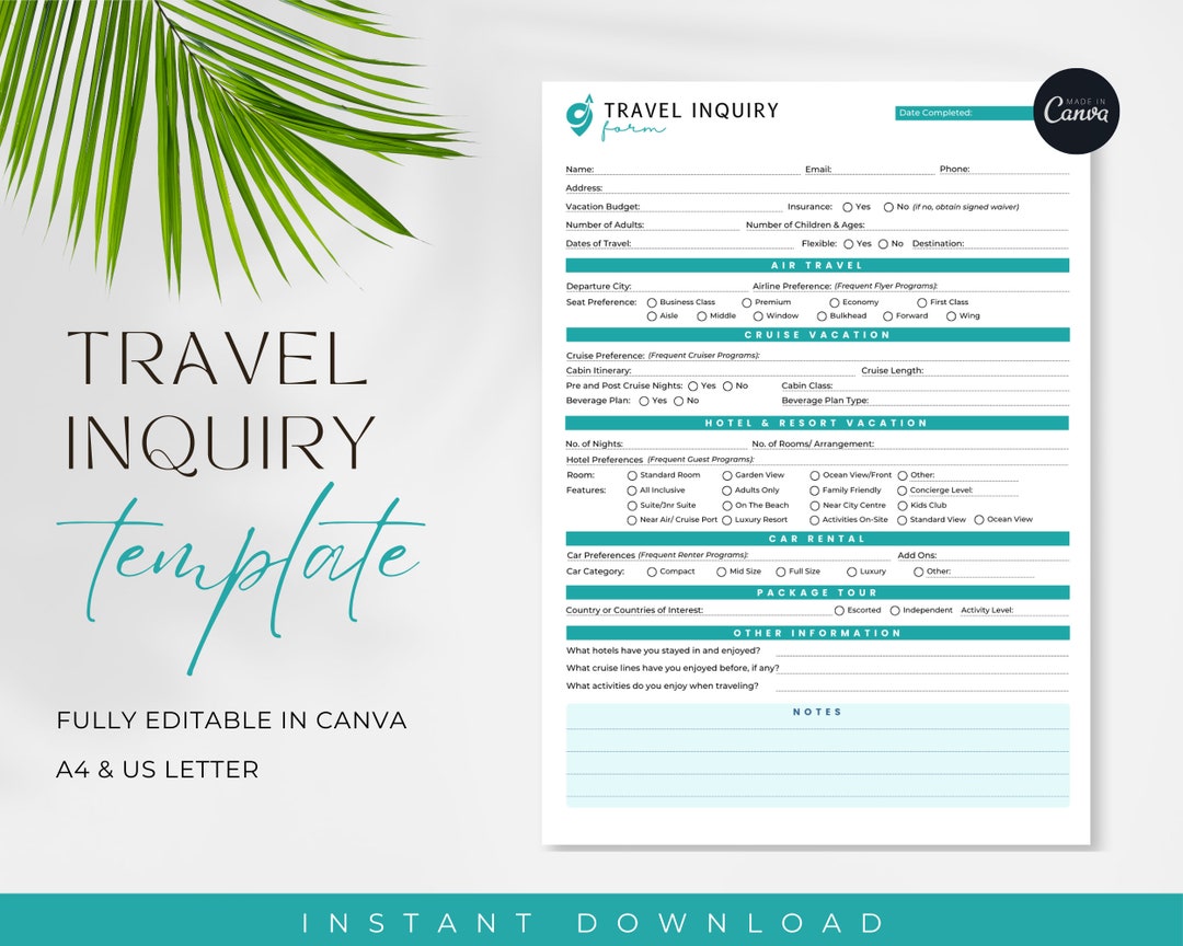 Travel Agent Client Intake Form, Travel Inquiry Form, Client Travel ...