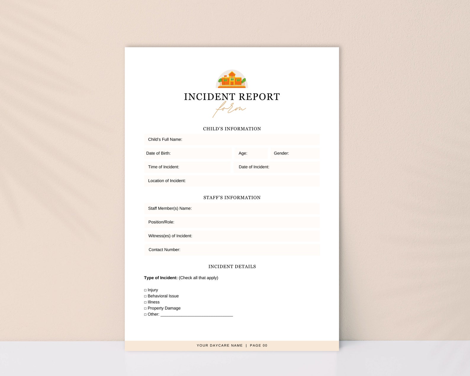 Home Daycare Injury Form I Ouch Report I Incident Report Form I Child ...