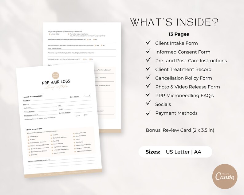 Editable PRP Injection Hair Loss Consent Intake Forms, Platelet Rich ...