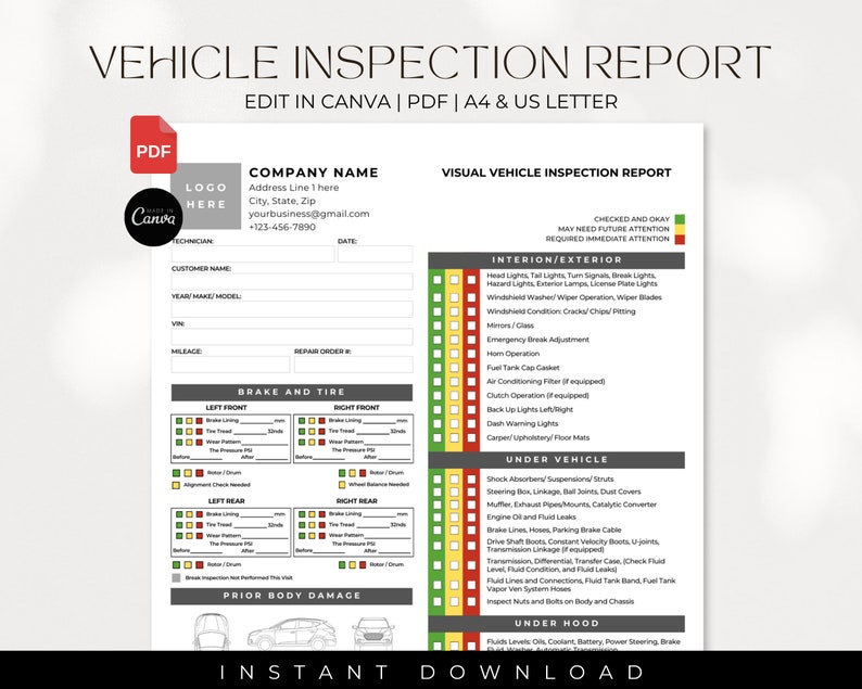 Visual Vehicle Inspection Report Fillable PDF Multi-point Vehicle ...
