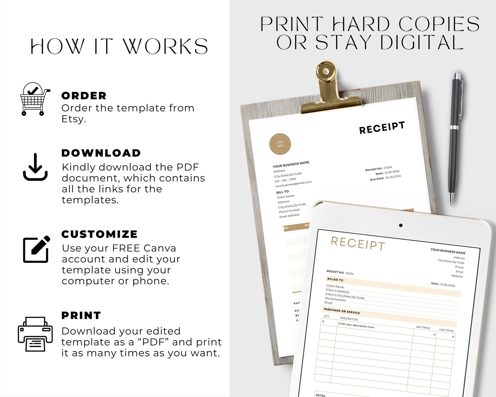 Editable Receipt Template, Printable Receipt Template, Order Form ...