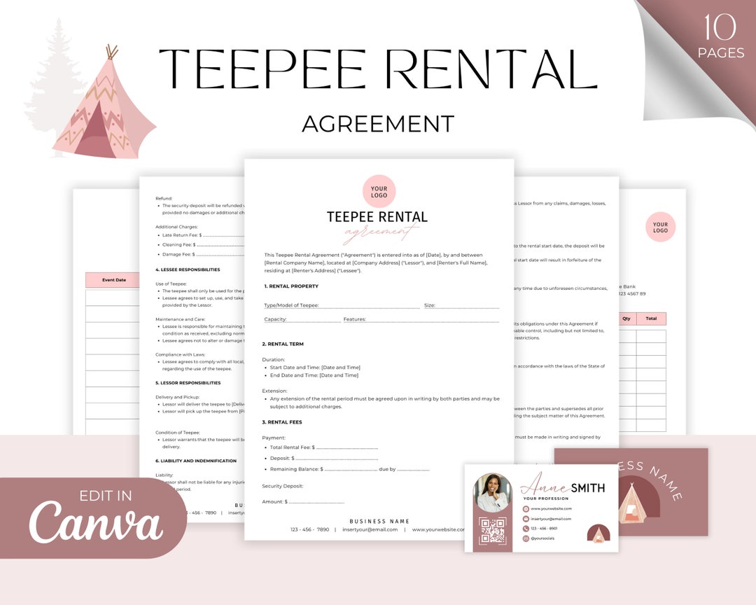 Teepee Rental Contract, Editable Teepee Renting Services Agreement, Teepee Business Forms ...