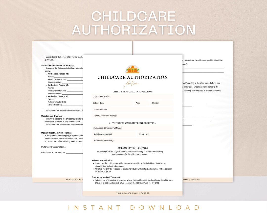 Child Care Authorization Form, Child Information Sheet, Daycare ...