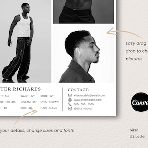 Male Modeling Comp Card Template, Fashion Resume Photo Card, Modeling ...