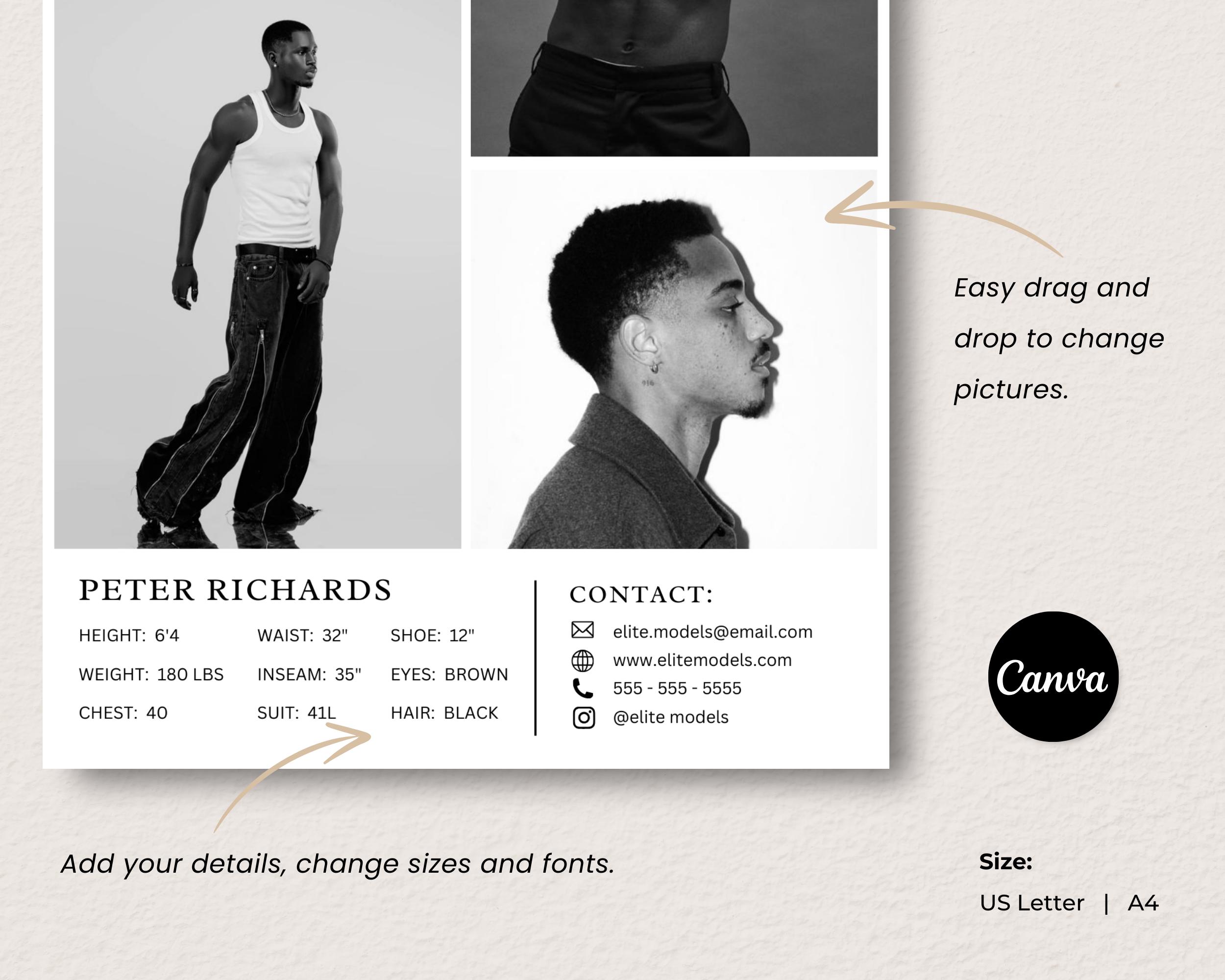 Male Modeling Comp Card Template, Fashion Resume Photo Card, Modeling ...