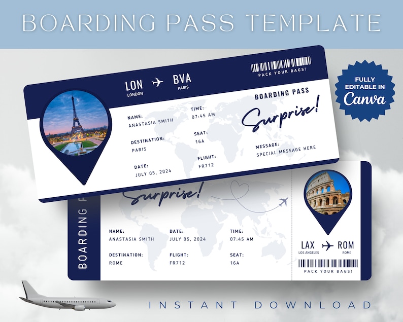 Editable Boarding Pass Template, Printable Personalized Airline Ticket ...