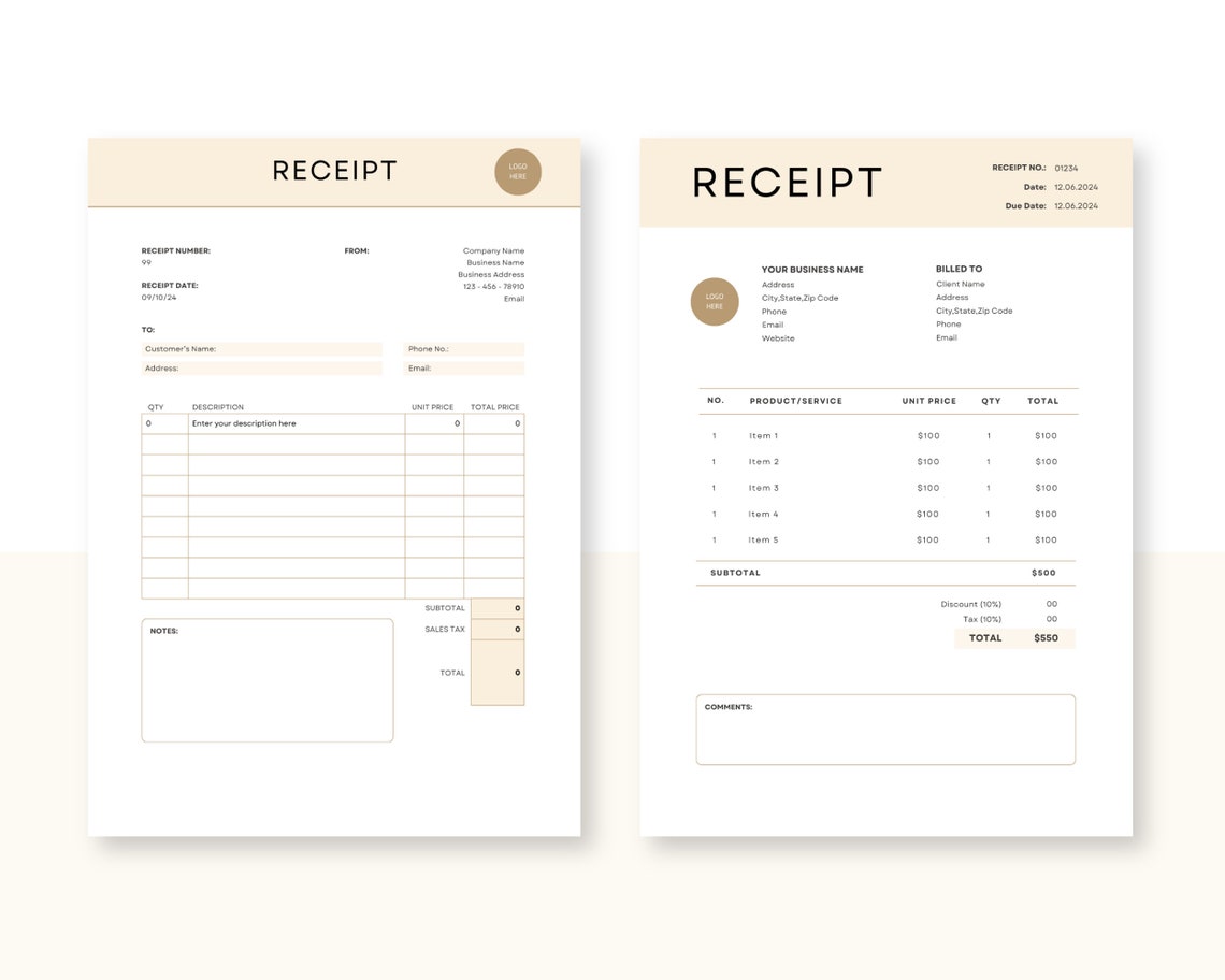 Editable Receipt Template, Printable Receipt Template, Order Form ...