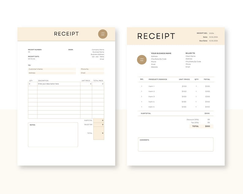 Editable Receipt Template, Printable Receipt Template, Order Form ...