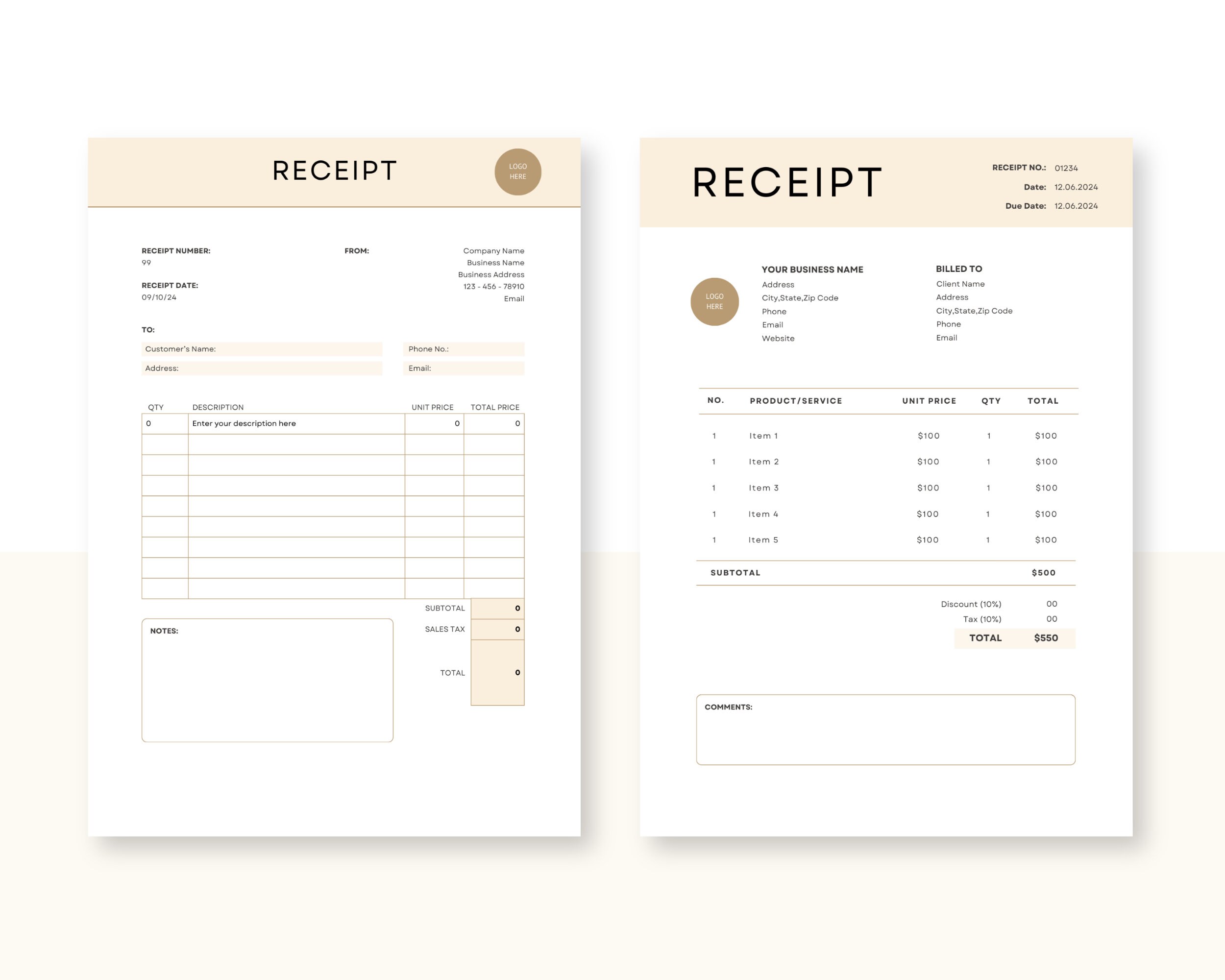 Editable Receipt Template, Printable Receipt Template, Order Form ...