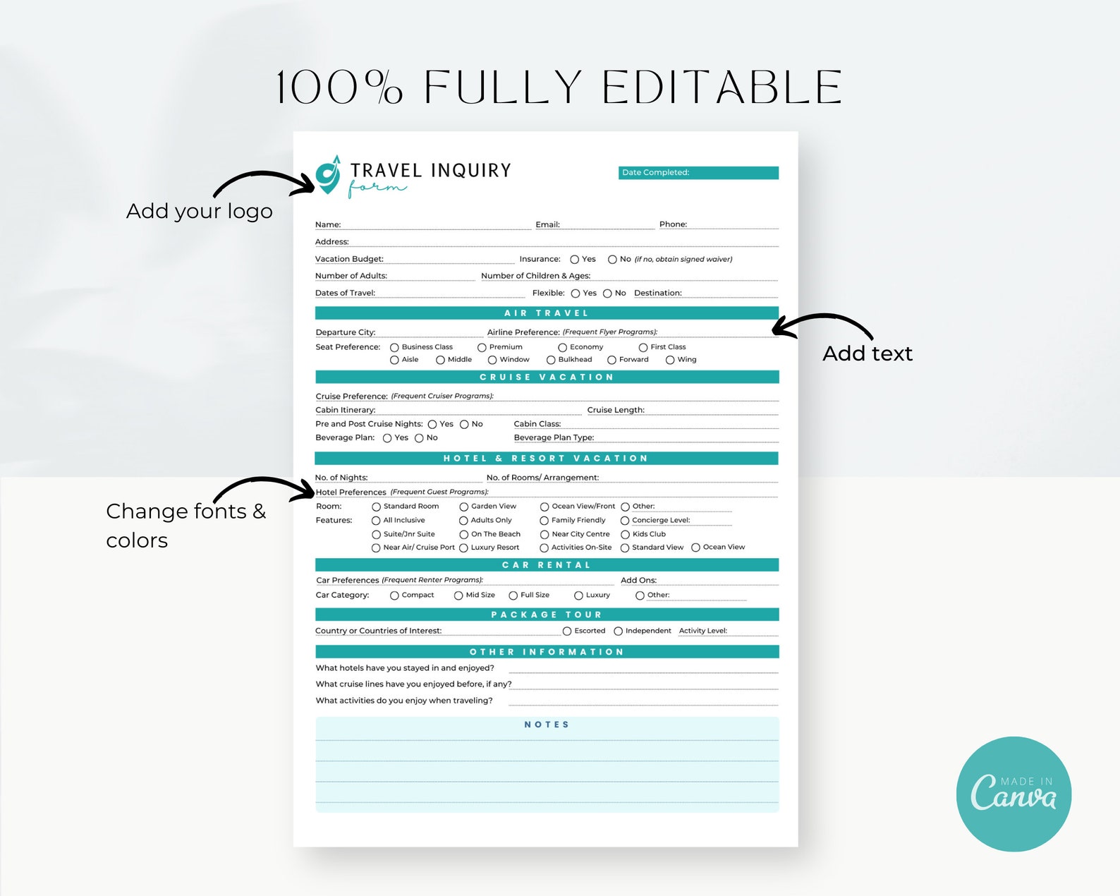 Travel Agent Client Intake Form, Travel Inquiry Form, Client Travel ...