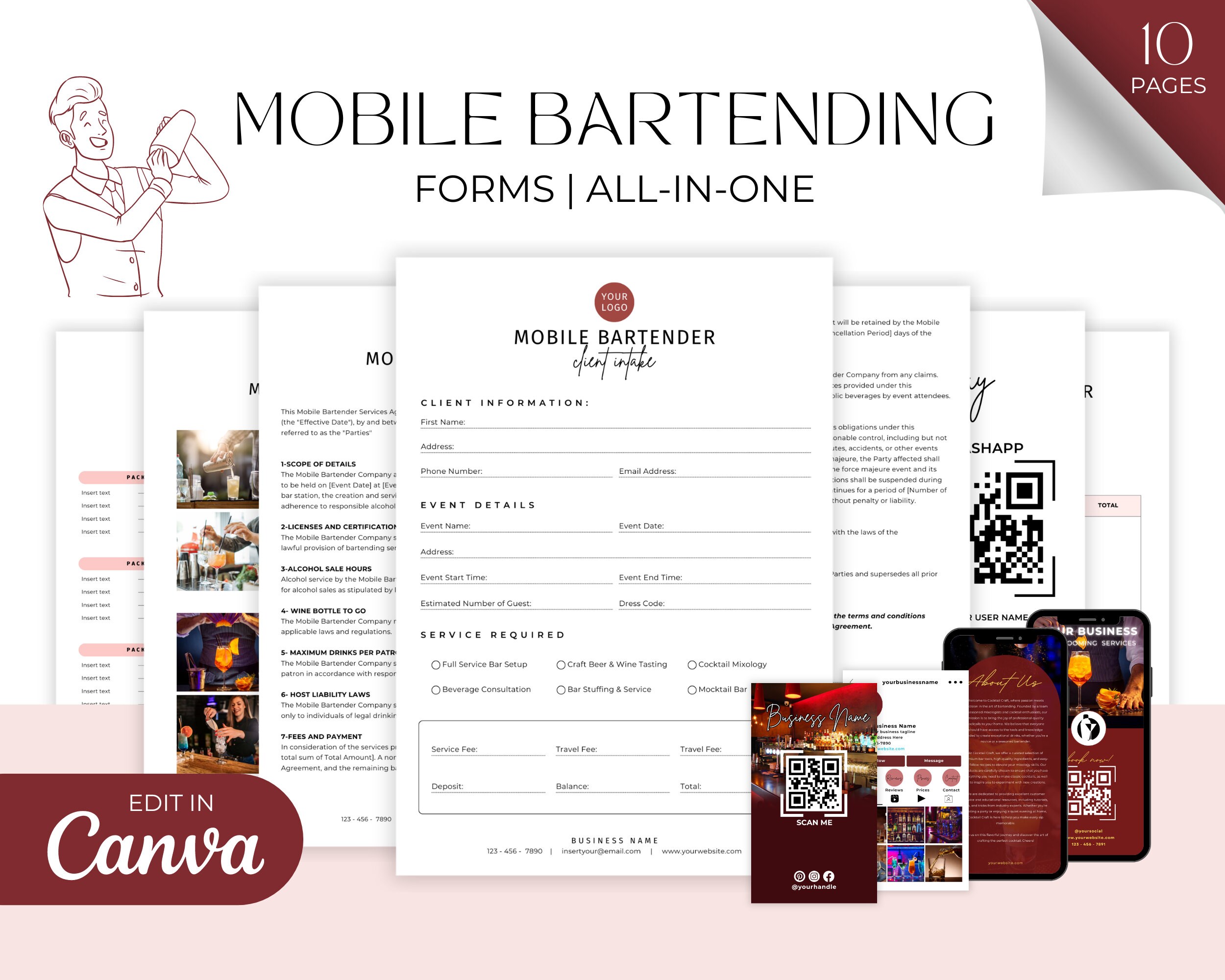 Mobile Bar Contract Template, Canva Editable Bartender Contract, Mobile ...