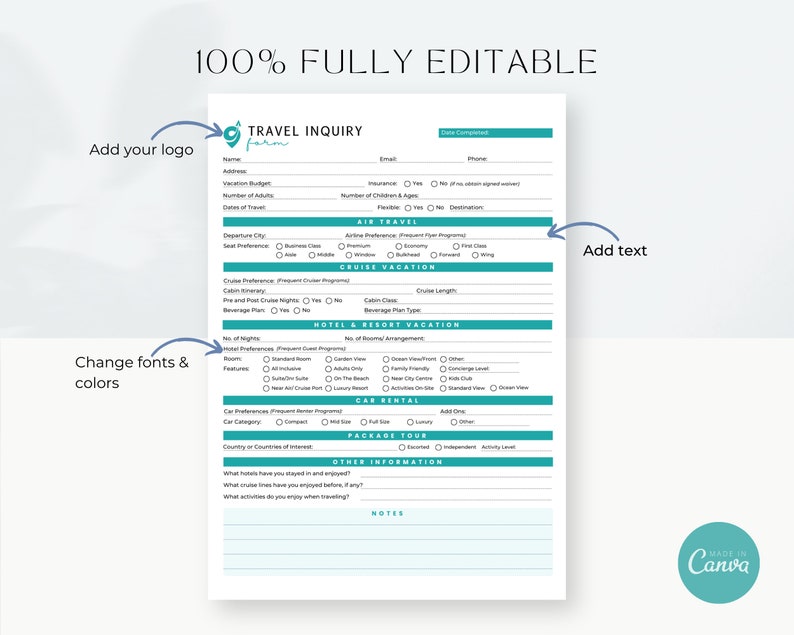 Travel Agent Forms Bundle, Travel Business Forms, Travel Inquiry ...