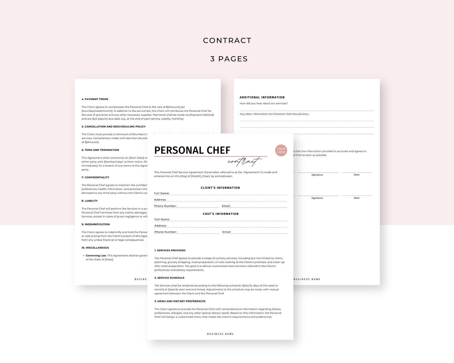 Editable Personal Chef Contract Template, Private Chef Contract ...