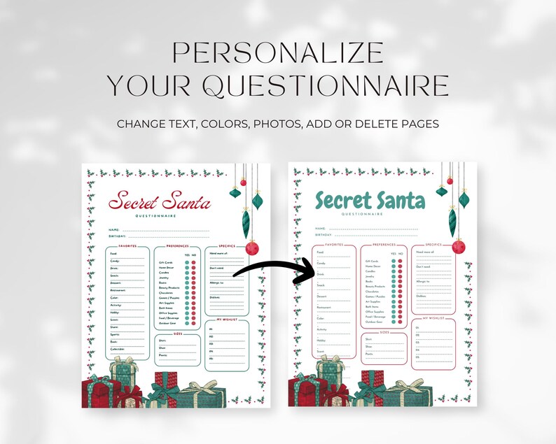 Secret Santa Questionnaire Template 3, Christmas Gift Exchange ...