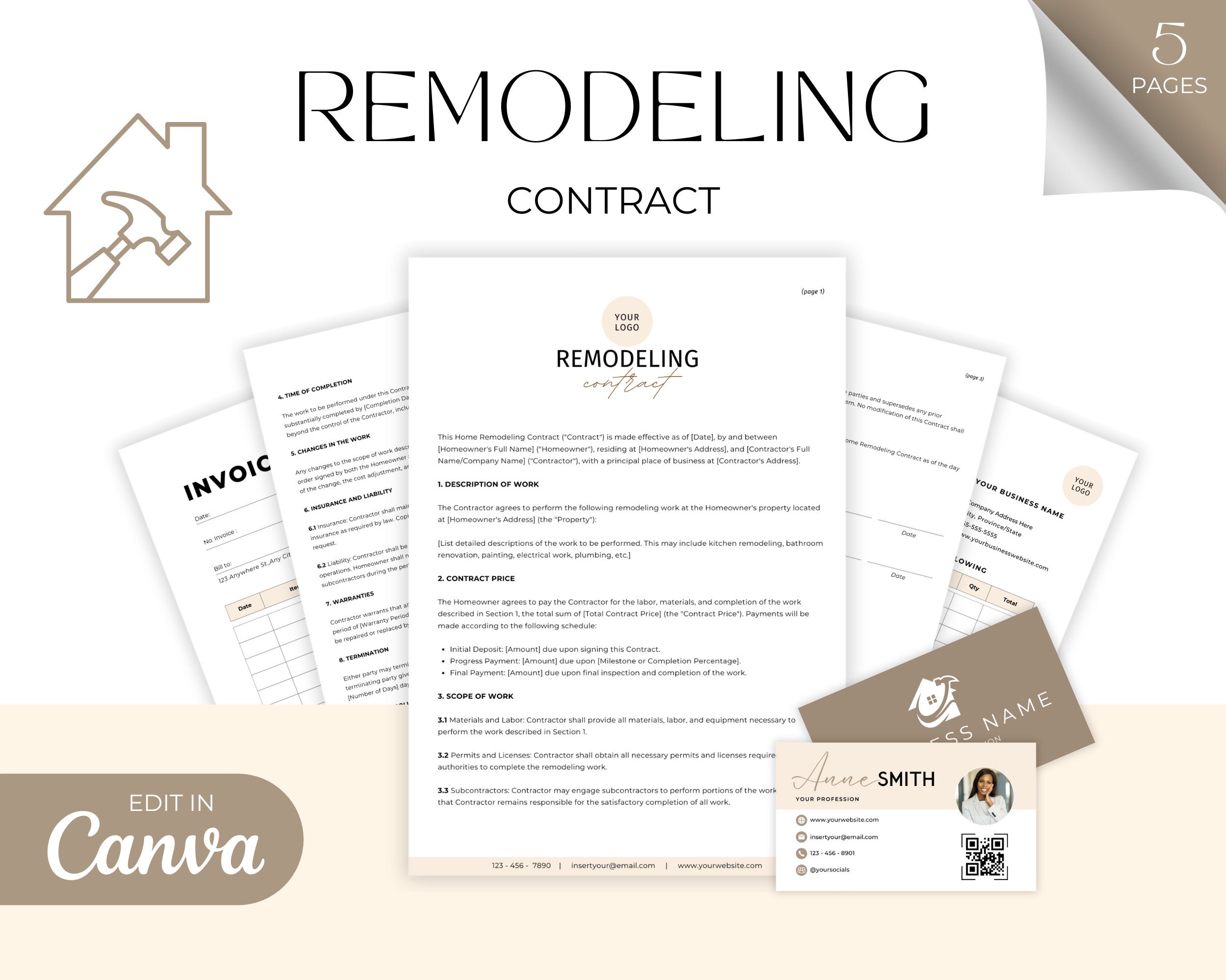 Editable Home Remodeling Contract Template, Professional House ...