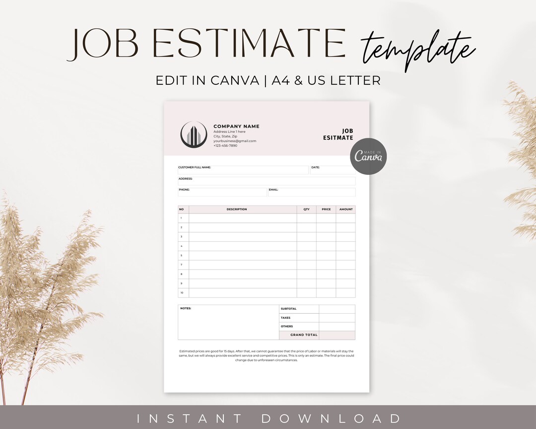 Job Estimate Template, Printable Job Estimate Template PDF, Editable ...