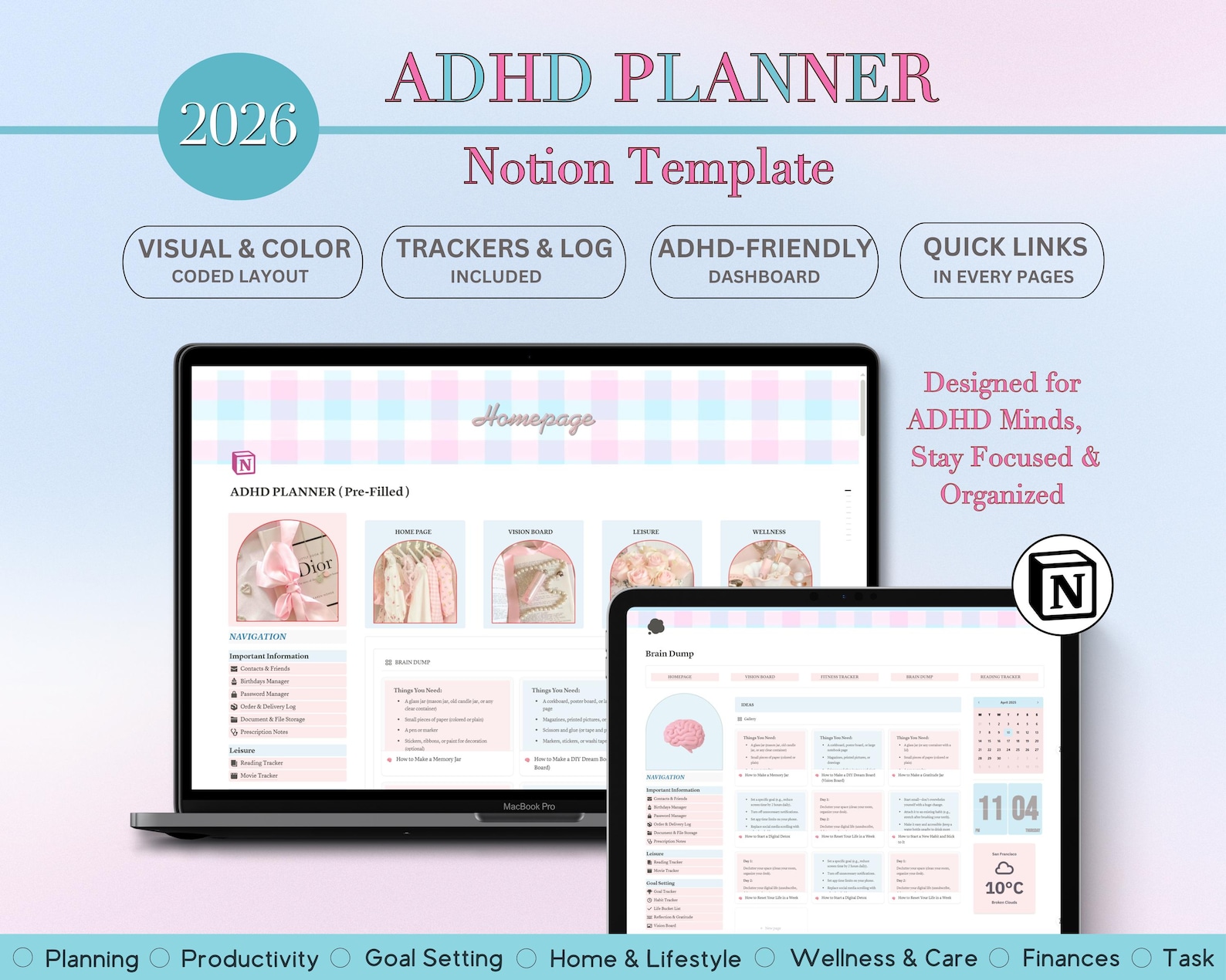 Feminine Pink & Purple ADHD Notion Planner, Notion Template ADHD ...