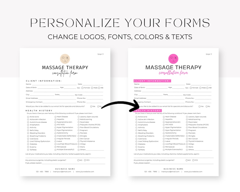 Massage Therapy Forms | Massage Consent | Esthetician Templates ...
