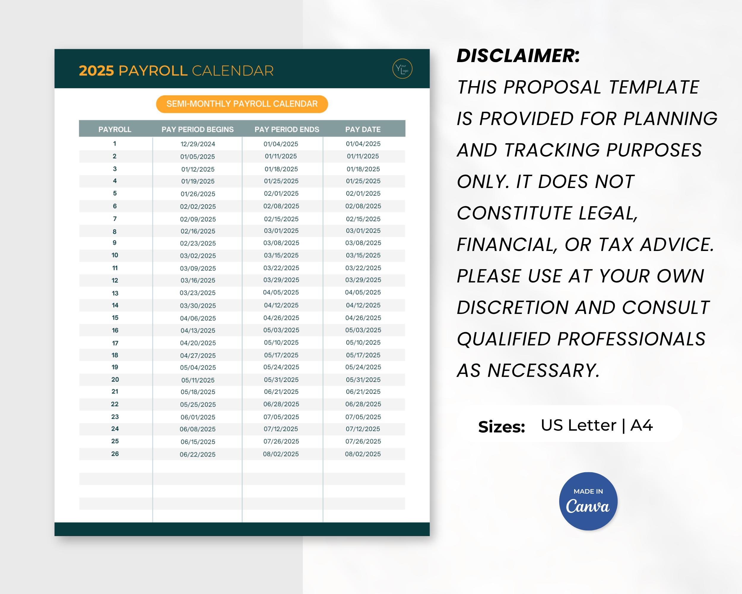 2025 Payroll Calendar, Employee Payroll, Company Calendar, Printable ...