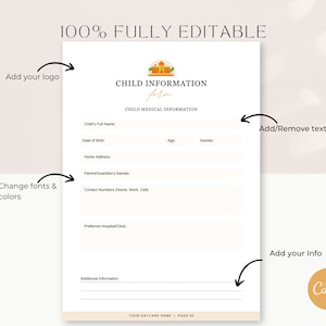 Editable Child Information Form Template, Daycare Information Form ...
