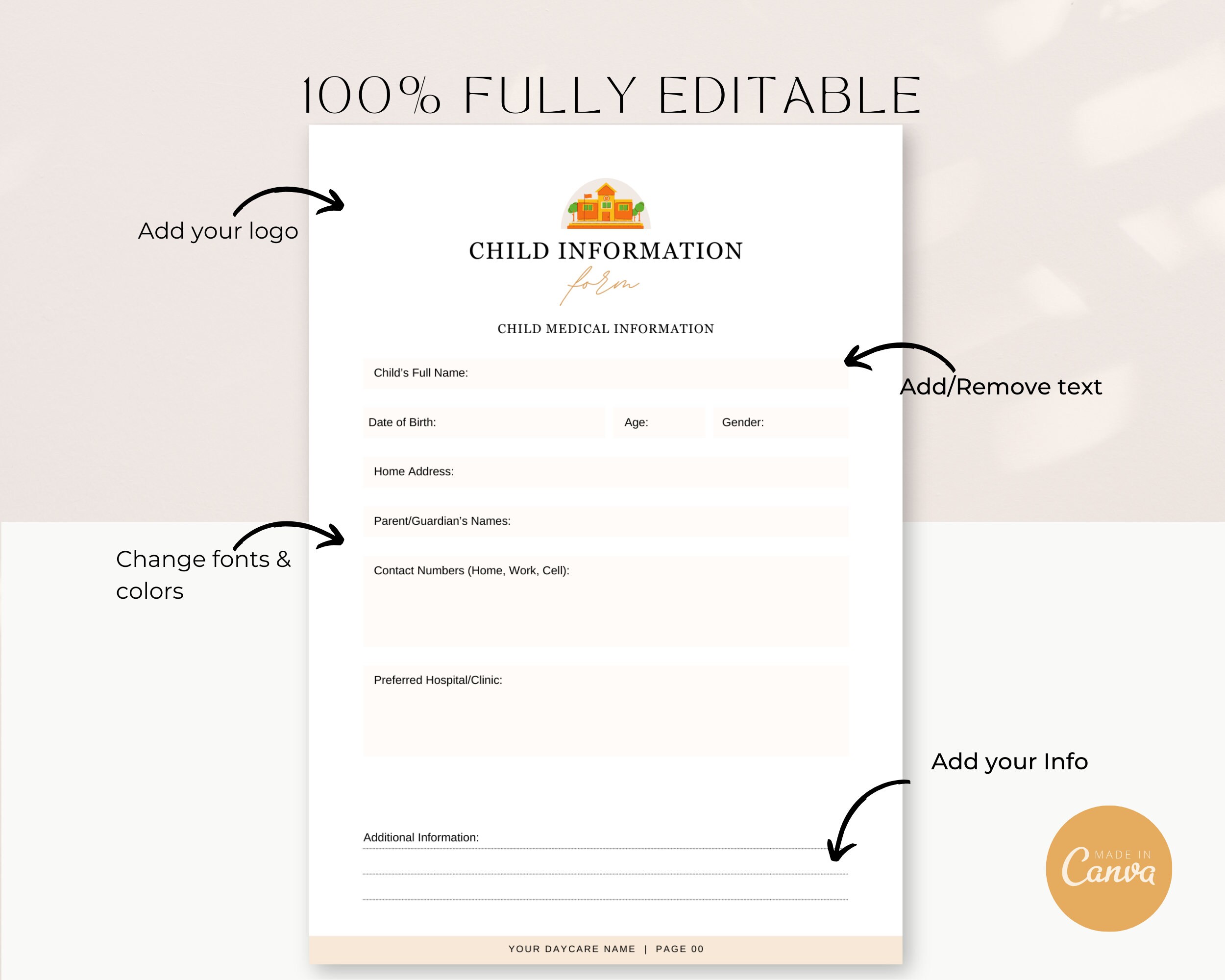 Editable Child Information Form Template, Daycare Information Form ...