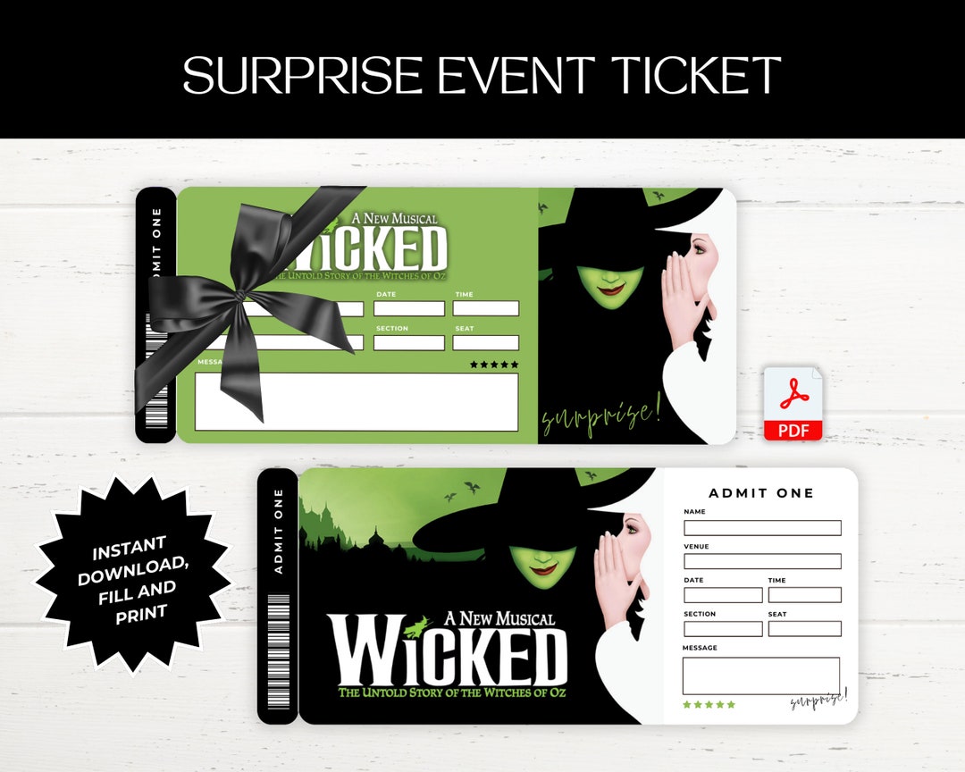Printable Wicked Broadway Surprise Ticket, Wicked Musical Collectible ...