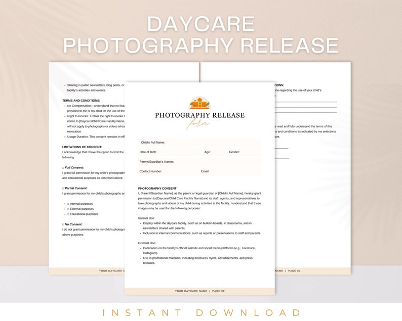 Daycare Photo Release Form, Photo Release, Photo Consent, Daycare Form ...