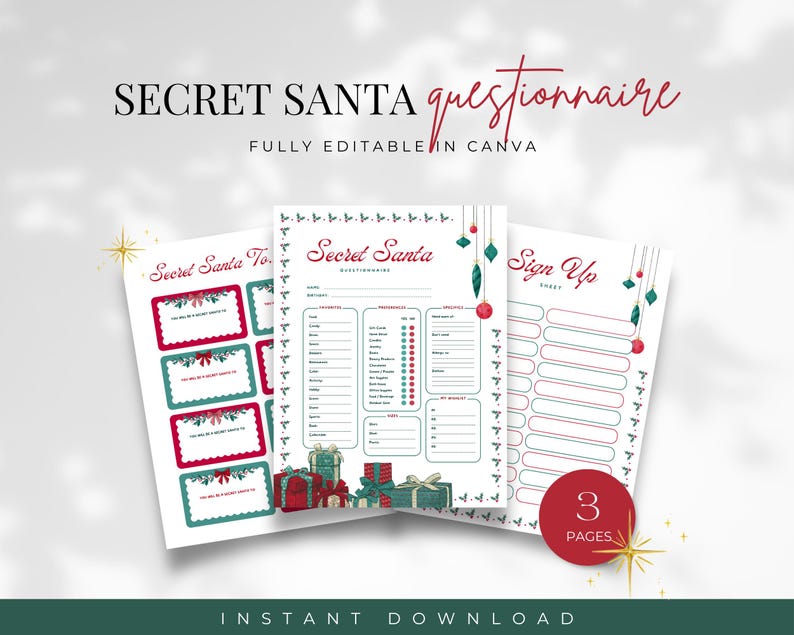Secret Santa Questionnaire Template 3, Christmas Gift Exchange ...