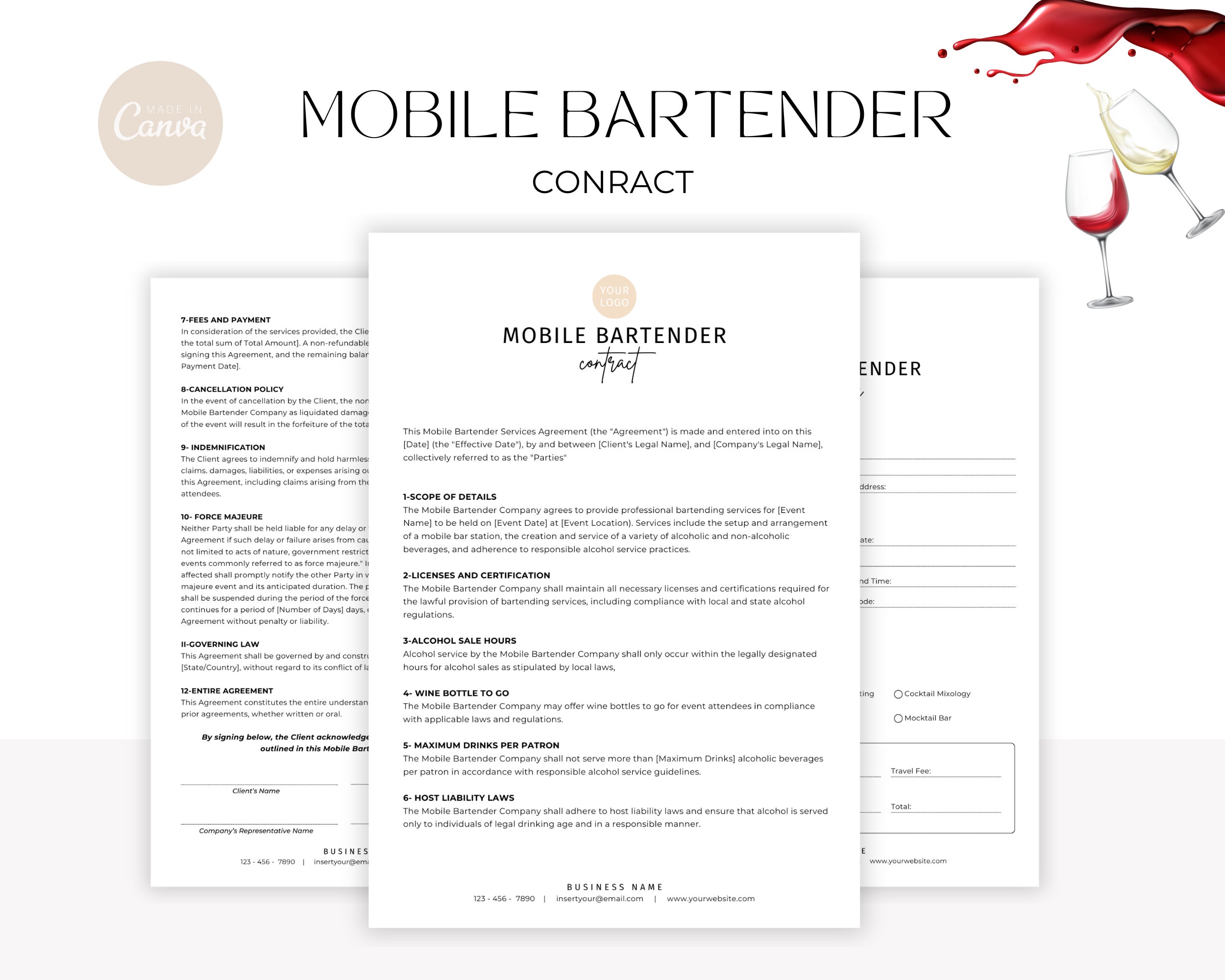 Mobile Bar Contract Template, Canva Editable Bartender Contract, Mobile ...